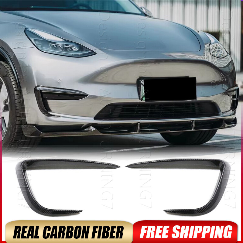 Fits Tesla Model Y 2019-23 Real Carbon Fiber Front Bumper Canards Fins ...