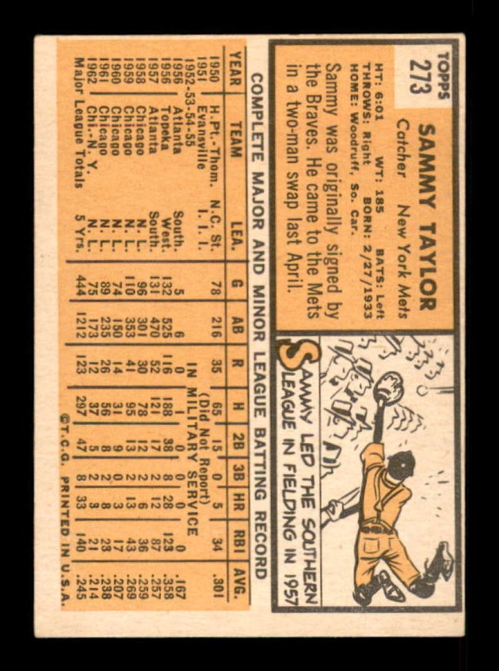 1963 Topps #273 Sammy Taylor VGEX Mets 231991 | eBay