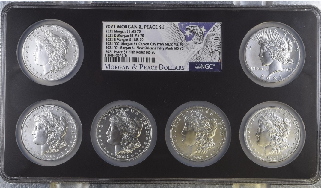 Set of 6 2021 $1 Morgan and Peace Dollar NGC MS70 Silver Coins Multi D ...