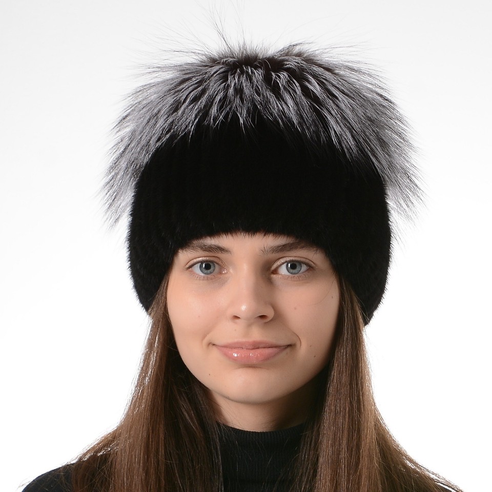 Womens Real Mink Fur Hat with Silver Fox Knit Winter Fur Hat Luxury ...