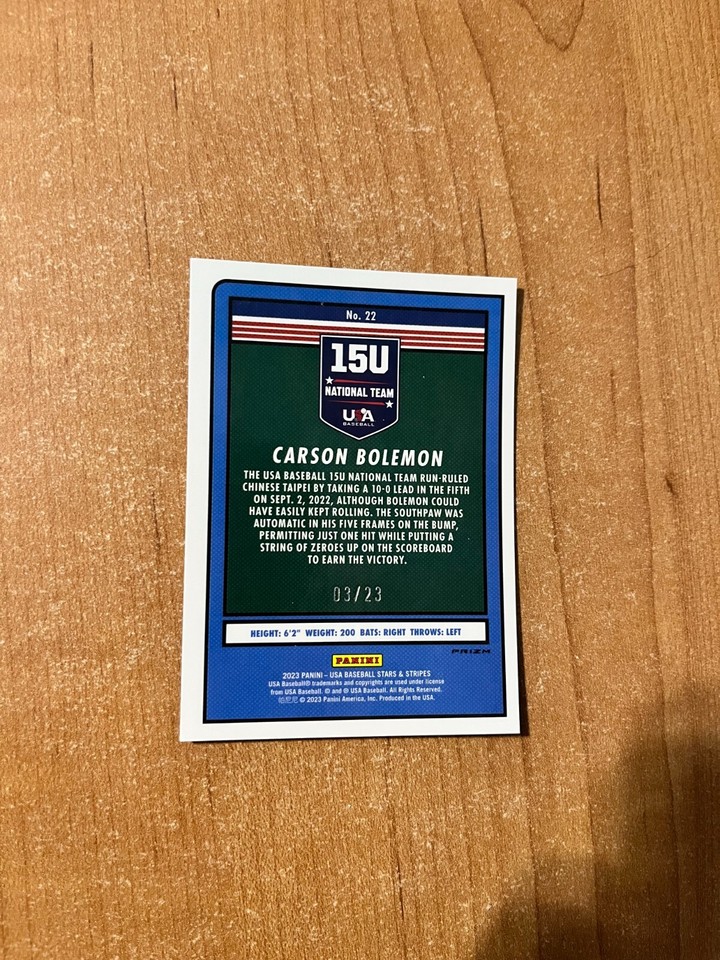 2023 Stars & Stripes - Carson Bolemon - #22 Cracked Ice Prizm Parallel ...