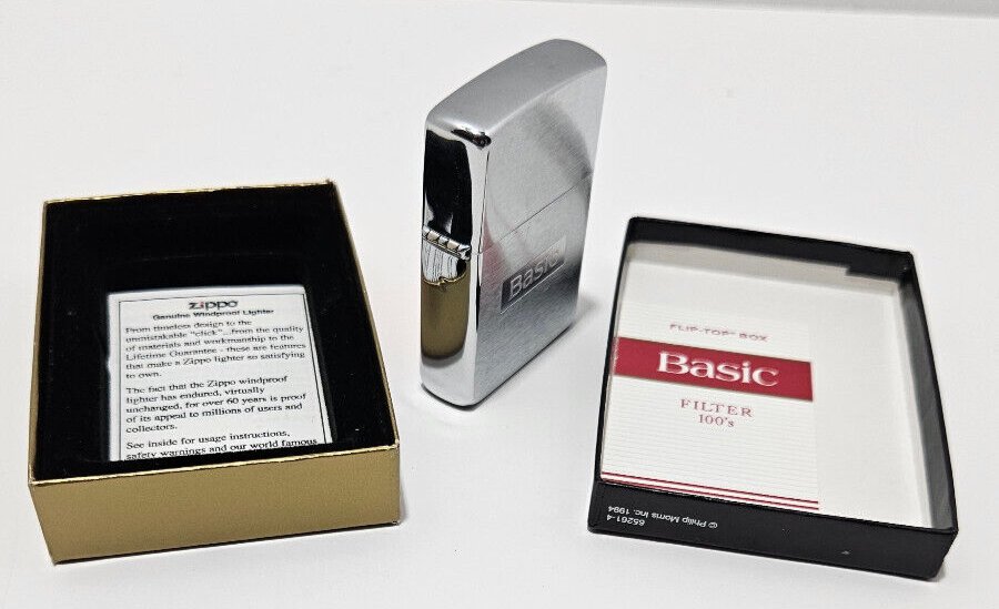 Vintage Rare Zippo Basic Cigarette Brand Limited Edition Brushed Chrome ...