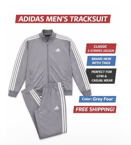 Adidas Men's Basic 3-Stripes Tricot Track Suit - Color: Grey Four (XL ...