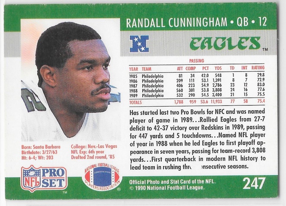 Randall Cunningham Signed 1990 Pro Set Card #247 Philadelphia Eagles ...