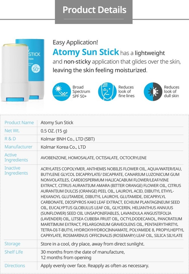 ATOMY Sun Stick Sunscreen Korean Sun Care Sun Block Product SPF50+ Non ...