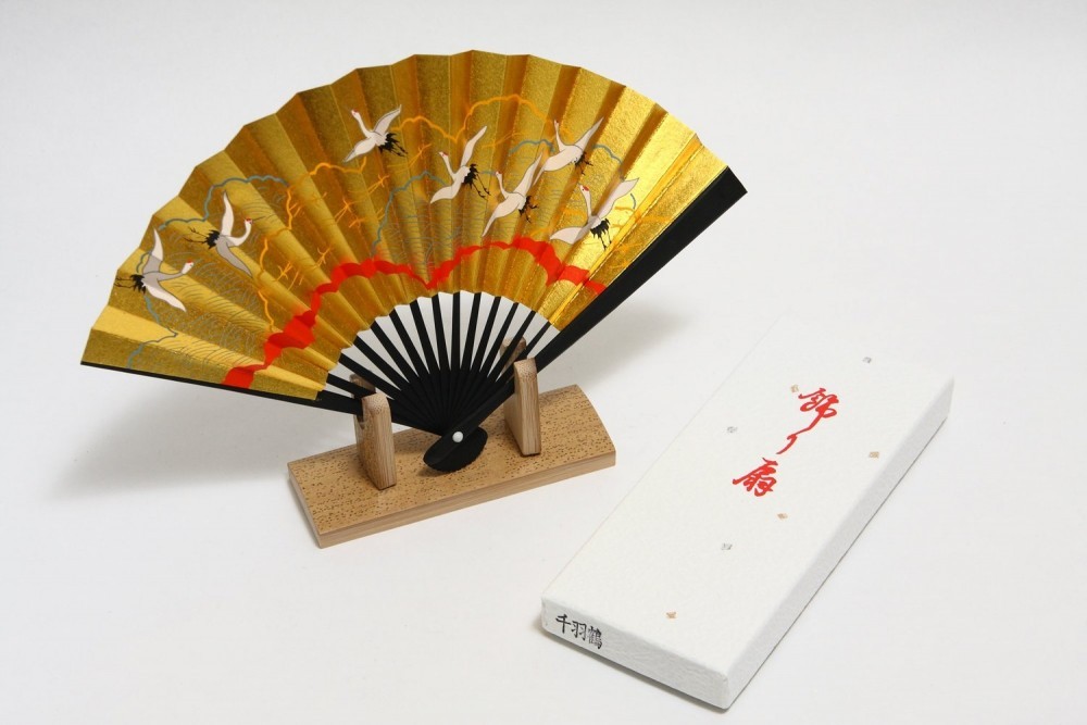 Kyoto Gold Sensu Japanese Hand held Fan Turu Crane Bird Motif made in ...