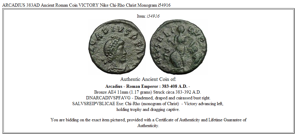 ARCADIUS 383AD Ancient Roman Coin VICTORY Nike Chi-Rho Christ Monogram ...