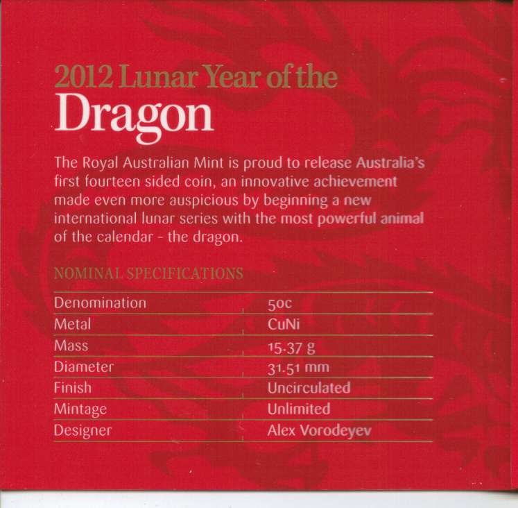 AUSTRALIA - LUNAR YEAR OF THE DRAGON - 50c UNC COIN - TETRA-DECAGON ...