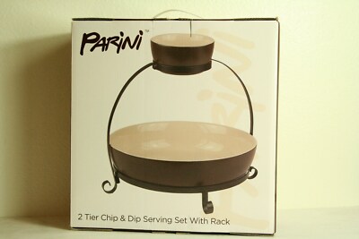 Parini Chip & Dip Serving Set Ceramic 2 Tier With Rack Brown and Cream ...