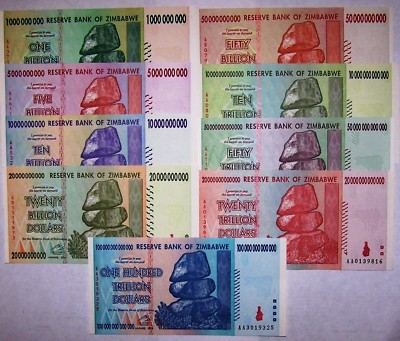 Zimbabwe 9 highest denom. banknotes-inc 10,20,50,100 Trillion Dollars ...