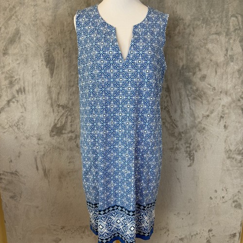 Lands End Dress Size LG Blue White Geometric Print Sleeveless EUC | eBay