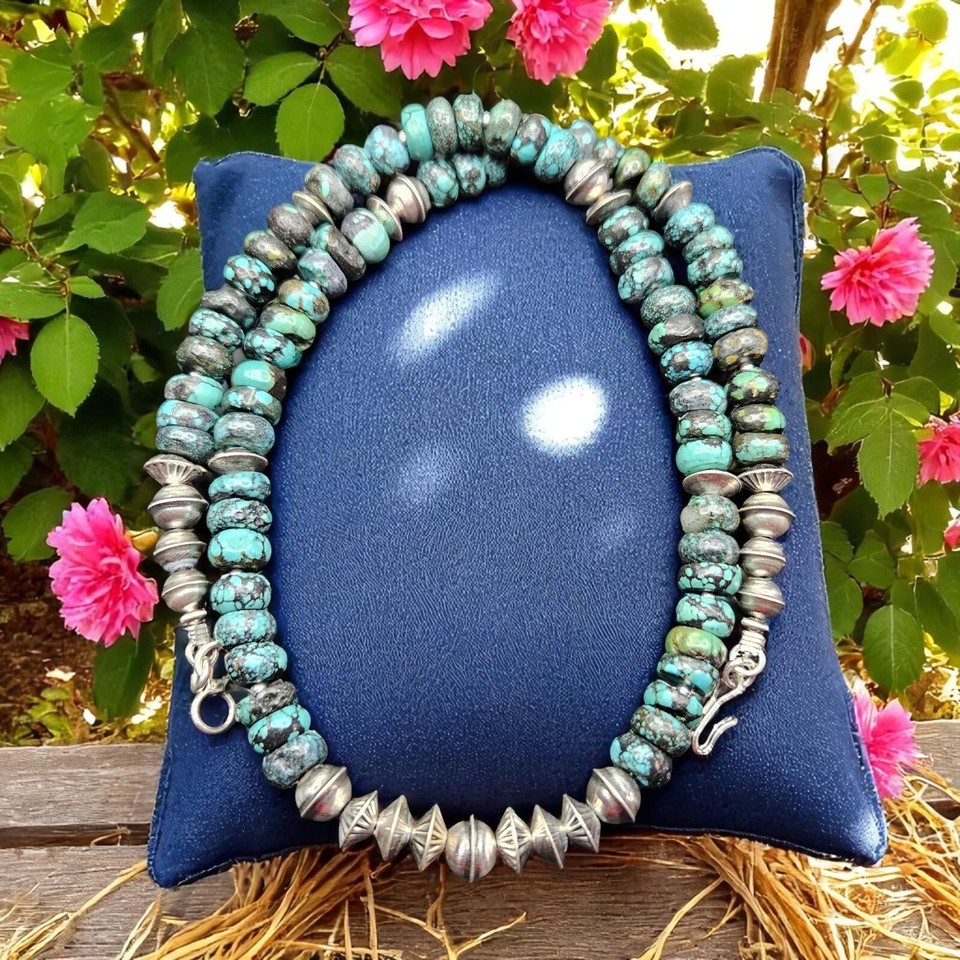 Sterling NAVAJO Pearl Spiderweb Turquoise Bench Beads Necklace VTG ...