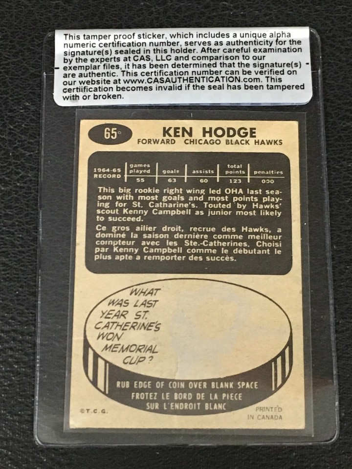 KEN HODGE 1965-66 TOPPS ROOKIE SIGNED AUTOGRAPHED CARD #65 BRUINS CAS ...