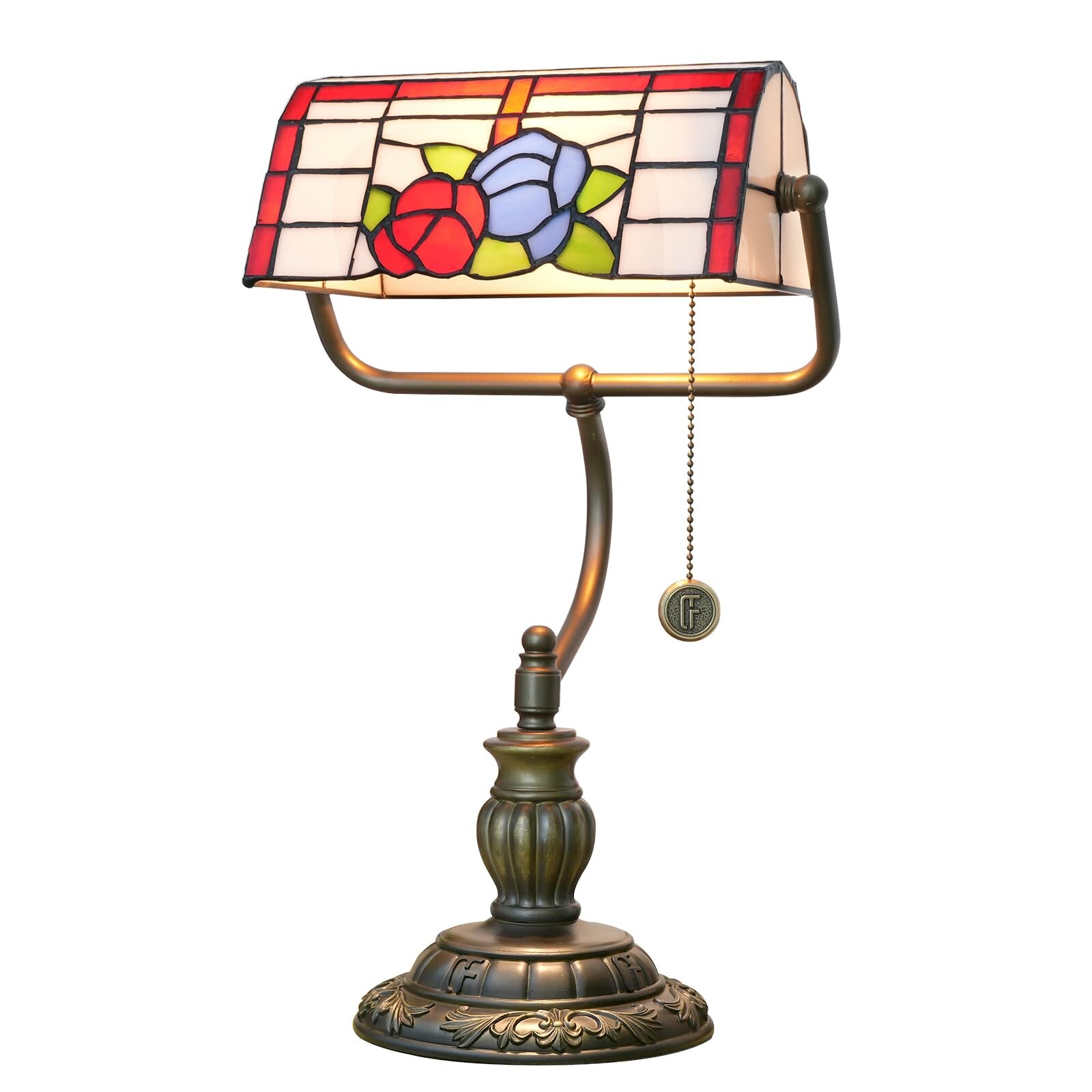 red rose tiffany bankers desk lamp stained Glass table lamp Vintage ...