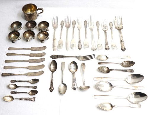 38 Piece Assorted Lot 0.925 Sterling Silver Flatware & Salt Bowls, 1089 ...