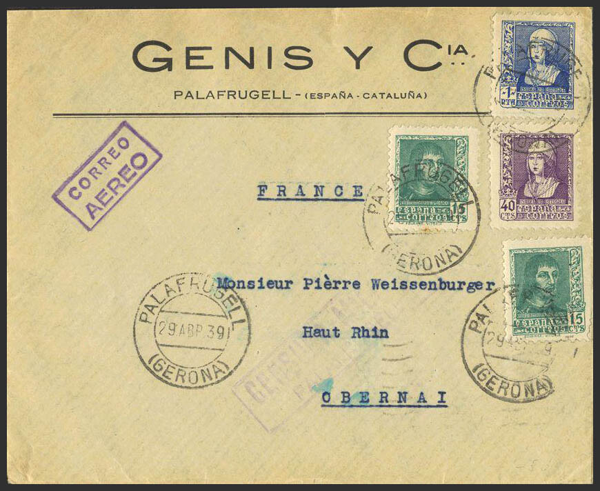 Spain. Spanish State Airmail. Cover 1939. 15 Cts, Two Stamps, 40 Cts ...