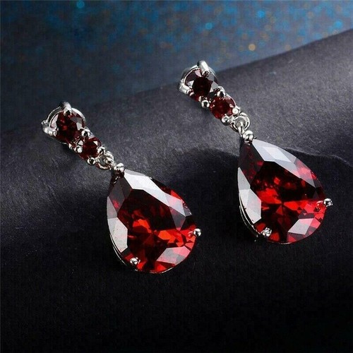 4ct Pear Cut Red Garnet Solitaire Drop And Dangle Earrings 14k White Gold