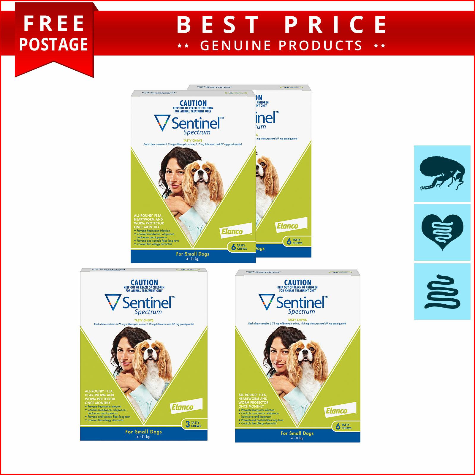 SENTINEL Spectrum GREEN Flea Heartworm Control 6,12 Doses for 4 to 11 ...