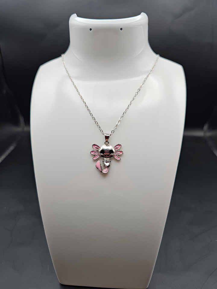 Cute Silver Pink Axilotl Animal White Pink Rhinestone Gem Necklace ...