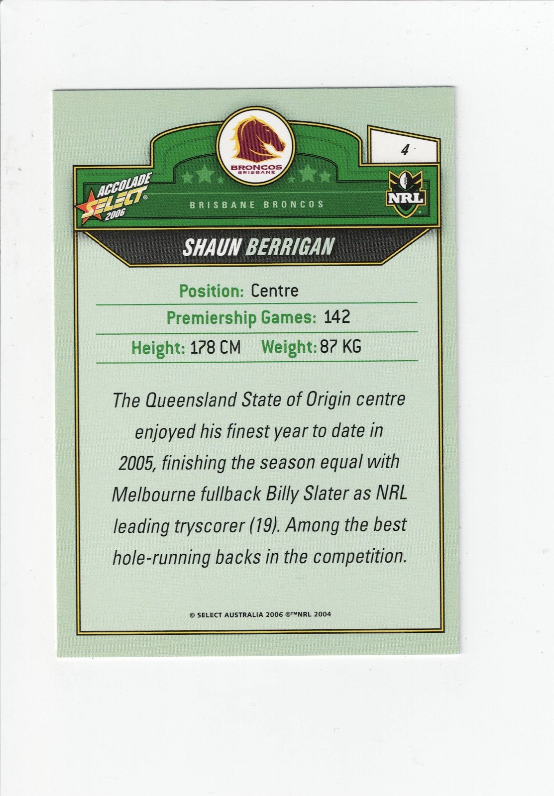 2006 Select NRL Accolade Rugby League Shaun Berrigan #4 (Brisbane ...