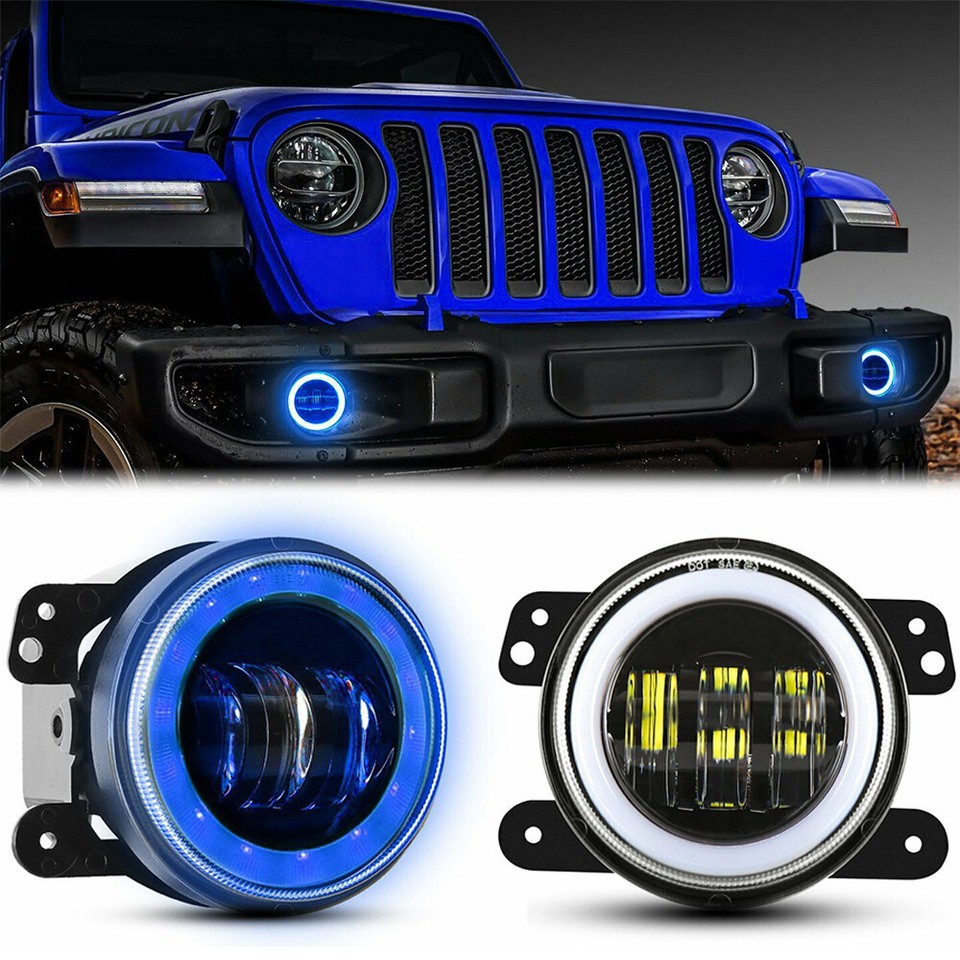 4'' Round LED Fog Lights Driving Halo Combo Kit For Jeep Wrangler JK TJ ...