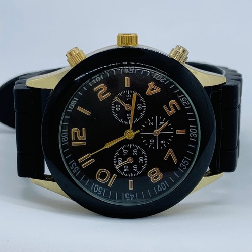 Darice 38mm ladies Quartz watch gold tone black dial silicone band ...