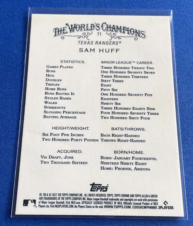 2021 Topps Allen and Ginter Chrome #71 Sam Huff RC Texas Rangers | eBay