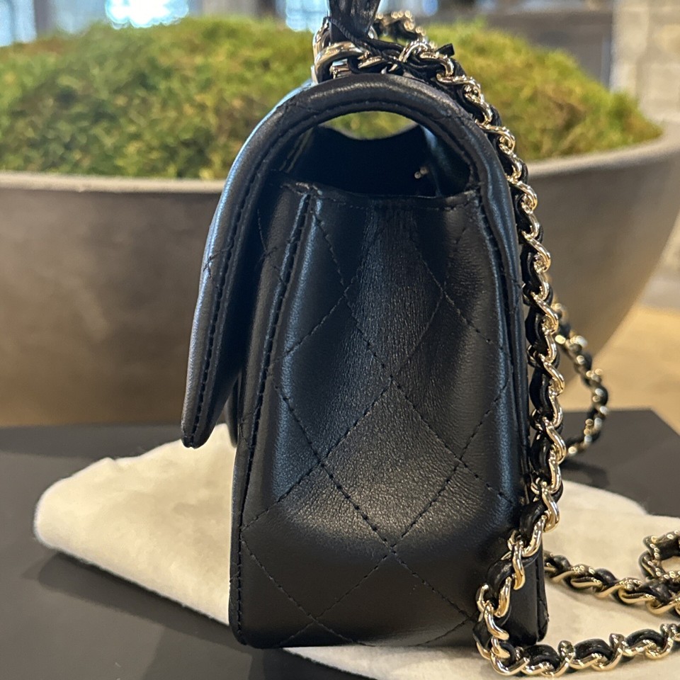 Authentic Chanel Mini Rectangular Flap Bag w/ Top Handle Black Lambskin ...