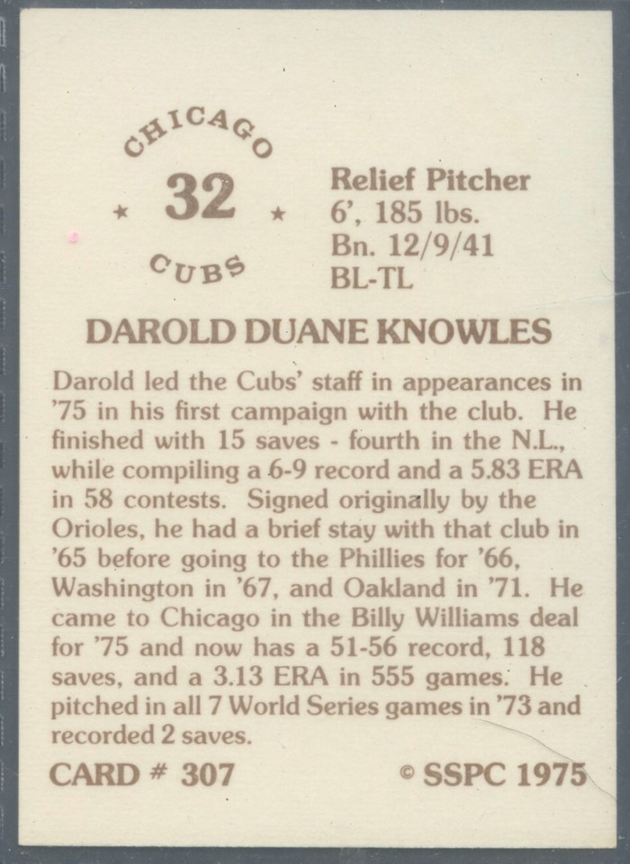 1975 SSPC #307 Darold Knowles Chicago Cubs | eBay