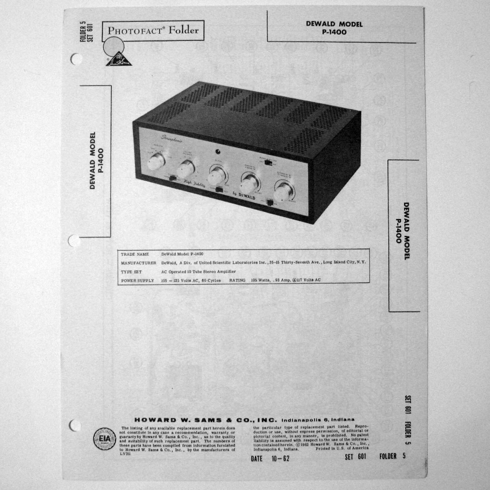 Dewald Model P-1400 Ten Tube Stereo Amplifier - SAMS Photofact ™ 1962 ...