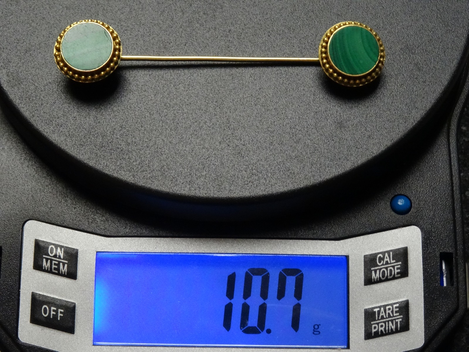 VICTORIAN SOLID 14K GOLD DOUBLE ENDED SCARF PIN w/ MALACHITE 3.25" / 10 ...