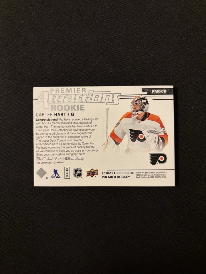 2018-19 UD Premier Carter Hart Attractions Rookie Patch Auto 3 Colour ...