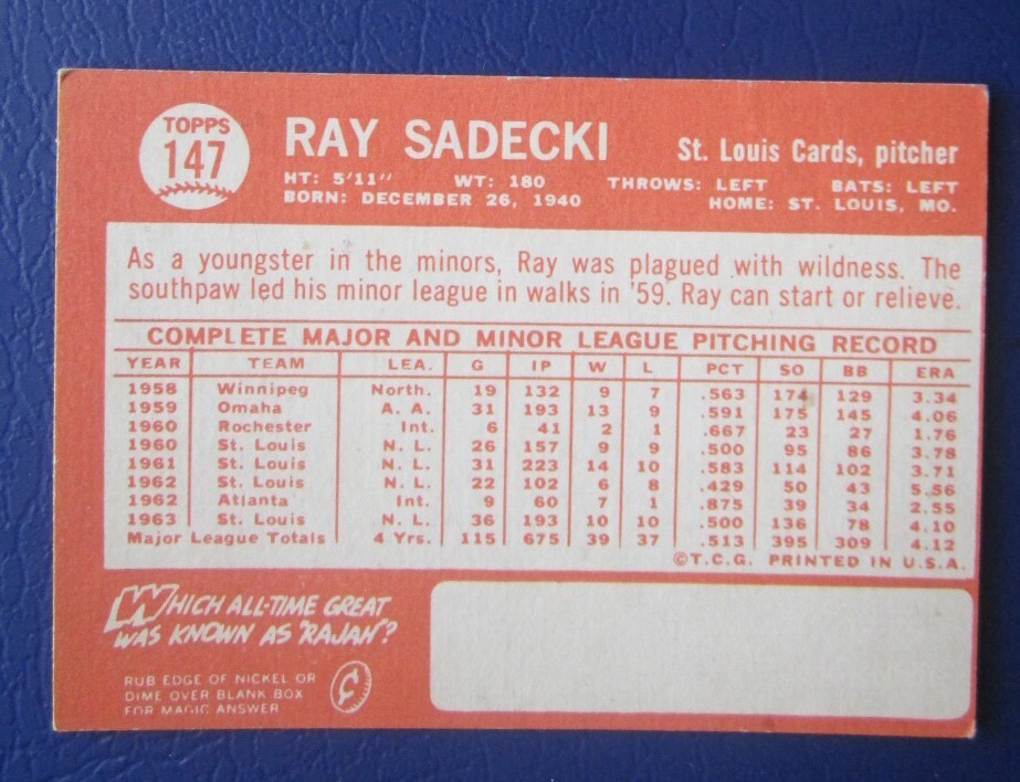 1964 Topps Ray Sadecki (St. Louis Cardinals) #147 EX | eBay