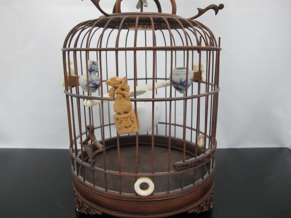 Sweet Antique CHINESE Wood BIRD CAGE with Carved TOKENS & Porcelain ...