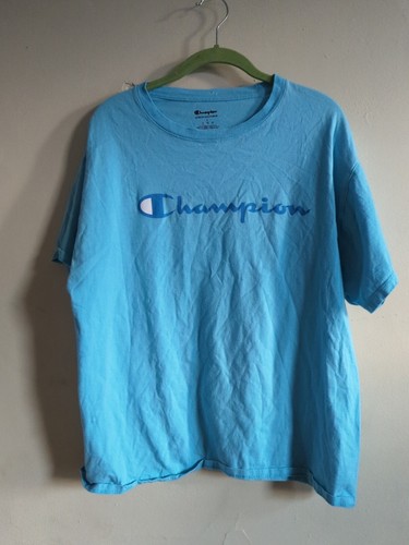 Champion T-Shirt Size L Blue Spell Out Graphic Cotton Short Sleeve Mens ...