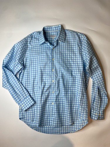 Peter Millar Shirt Mens L Button Up Long Sleeve Blue Green Gingham Lightweight | eBay