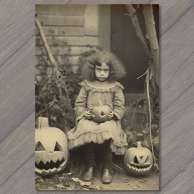 POSTCARD Weird Creepy Vintage Vibe Scary Girl Halloween Pumpkins ...