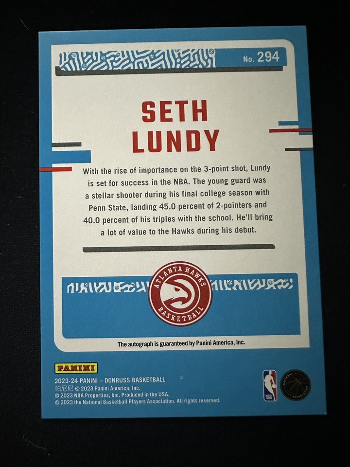 SETH LUNDY 2023-24 PANINI DONRUSS 294 RATED ROOKIE GOLD LASER AUTO 1/10 ...