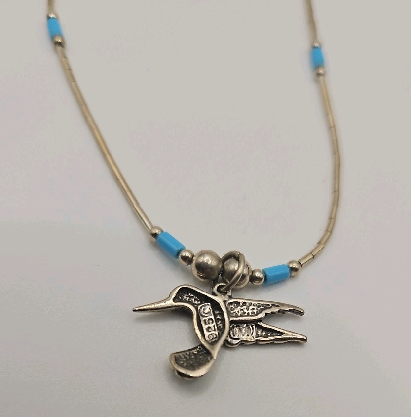 Liquid Silver Hummingbird Necklace w Turquoise Beads Sterling Signed ...