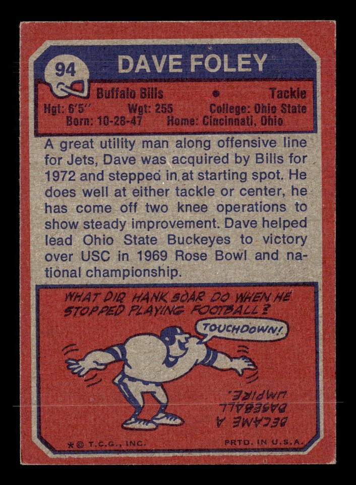 Dave Foley 1973 Topps #94 Buffalo Bills Very Good | eBay