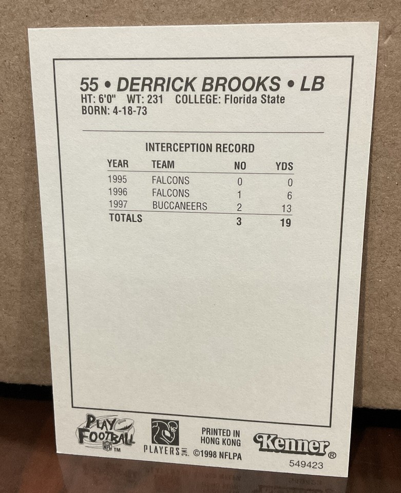 DERRICK BROOKS 1998 KENNER STARTING LINEUP CARD - TAMPA BAY BUCCANEERS ...