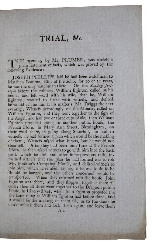 1801 BURGLARY TRIAL Law SOHO MANUFACTORY Birmingham MATTHEW BOULTON ...