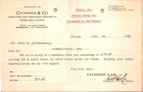 Cavanagh & Co Chicago IL 1906 Billhead Alcohol Distillers Cavanagh Malt ...