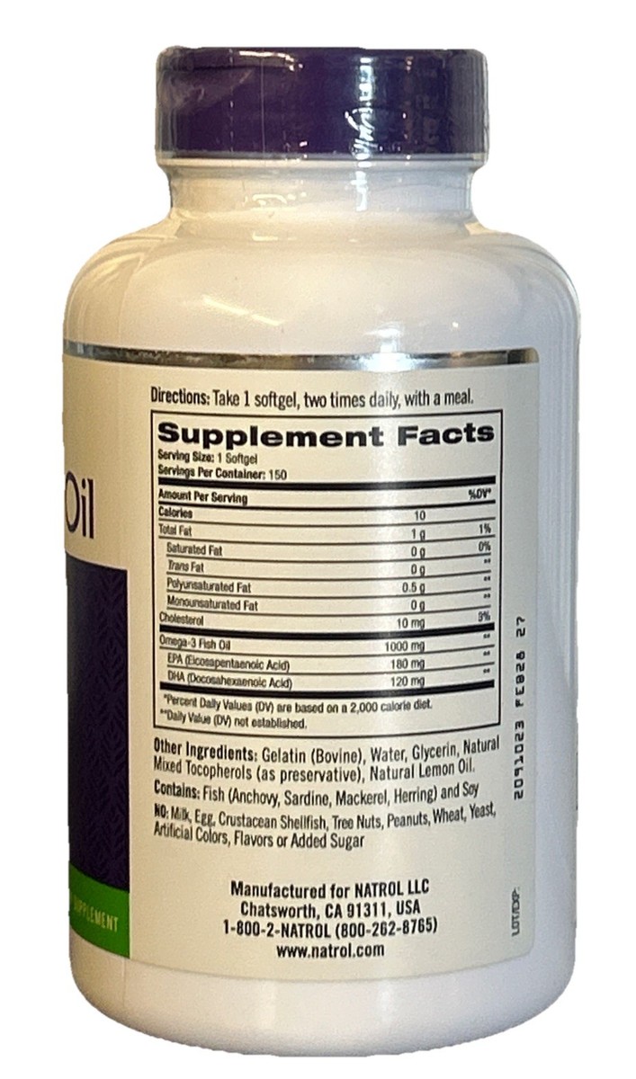 Natrol Omega3 Fish Oil Natural Lemon Flavor 1 000 Mg 150