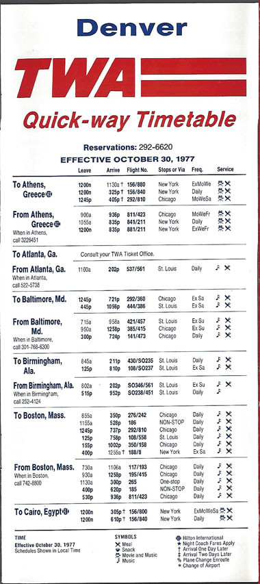 TWA Trans World Airlines Denver timetable 10/30/77 [7102] Buy 4+ save ...