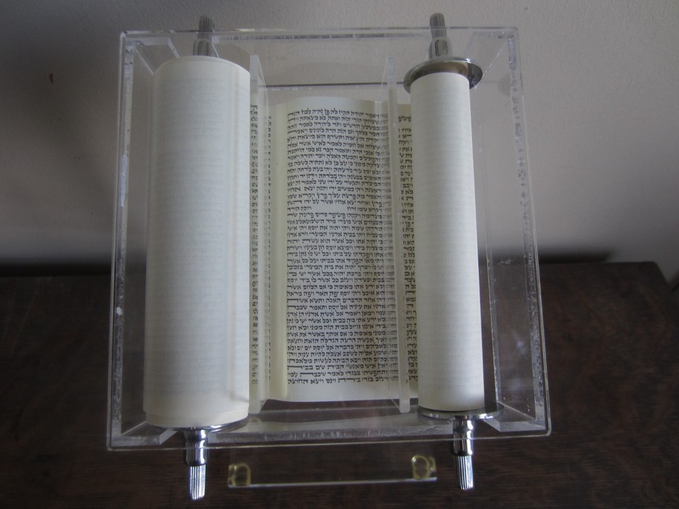 Vintage Judaica Jewish Torah Scroll In A Clear Lucite Pedestal Display ...