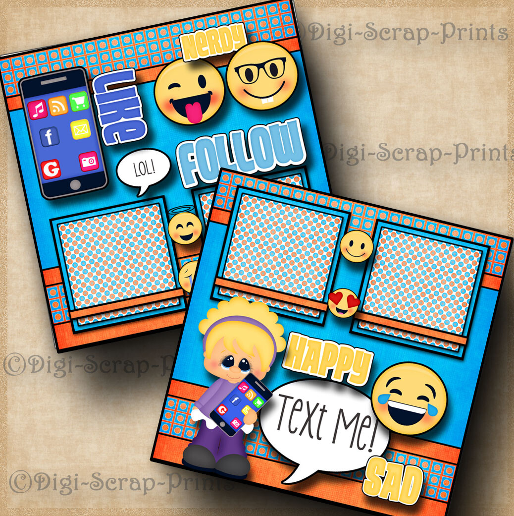SOCIAL MEDIA ~ PHONE ~ EMOJI ~ GIRL ~ 2 premade scrapbook pages layout ...