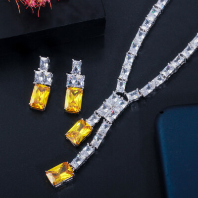 Gorgeous Silver Plated CZ Yellow Pageant Square Necklace Earrings ...