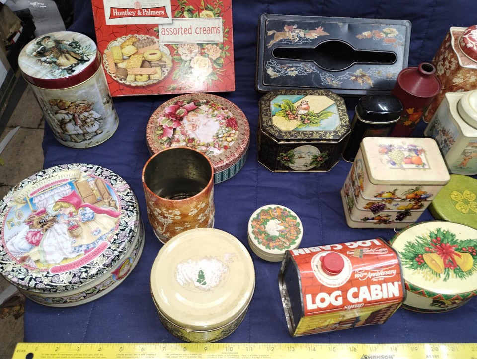 LOT 25 RARE Vintage Metal Tins Log Cabin Syrup huntley palmers creams ...