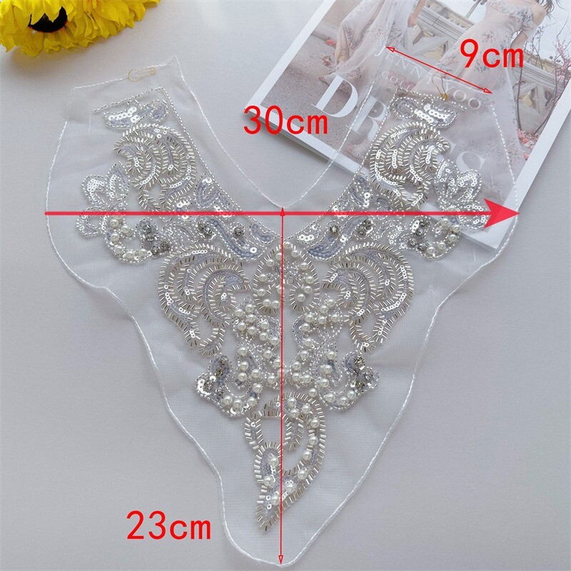 Pearl Beaded Applique Mesh Fabric Trim Patch Craft DIY Sewing Wedding ...